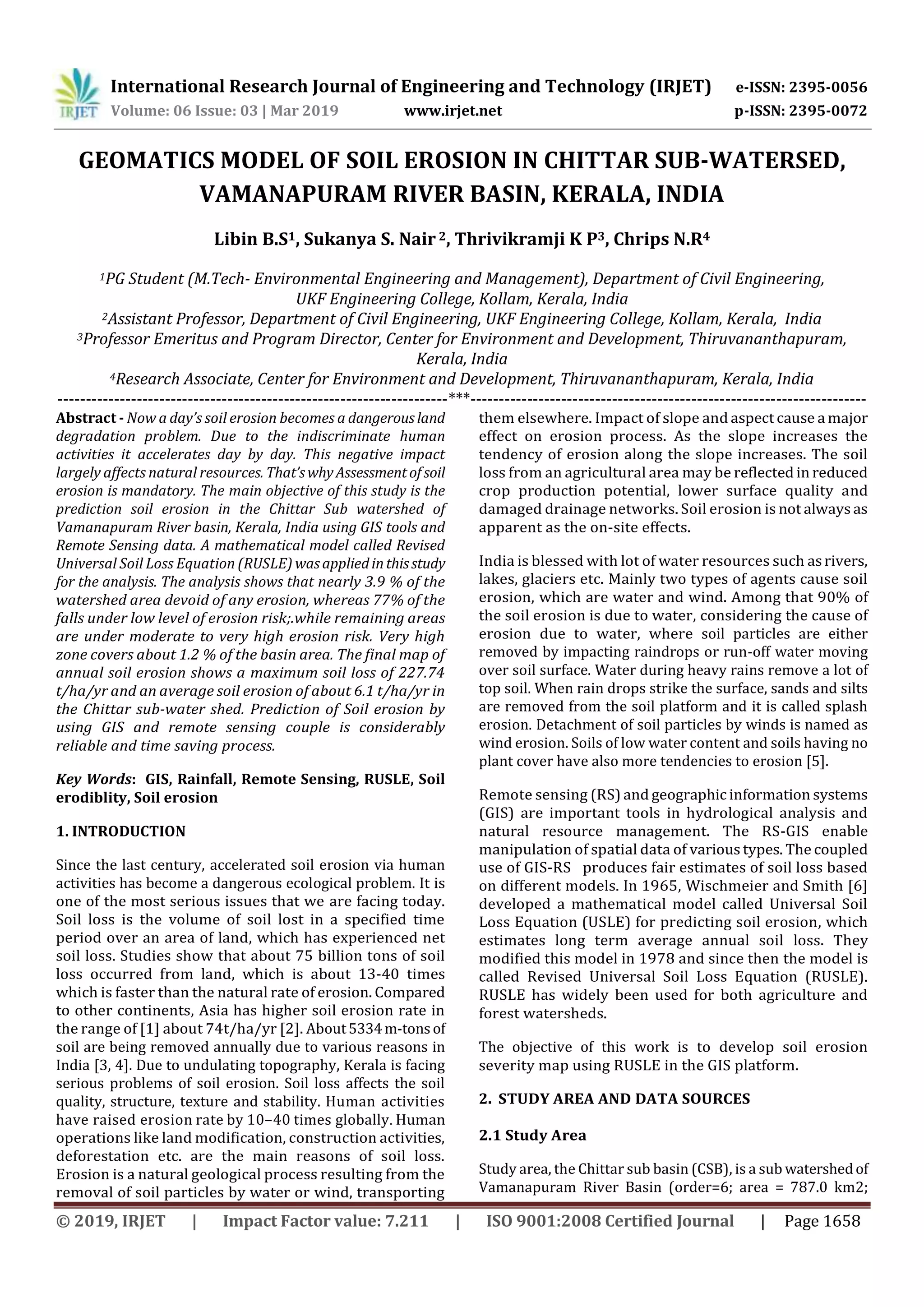 IRJET- Geomatics Model of Soil Erosion in Chittar Sub-Watersed ...