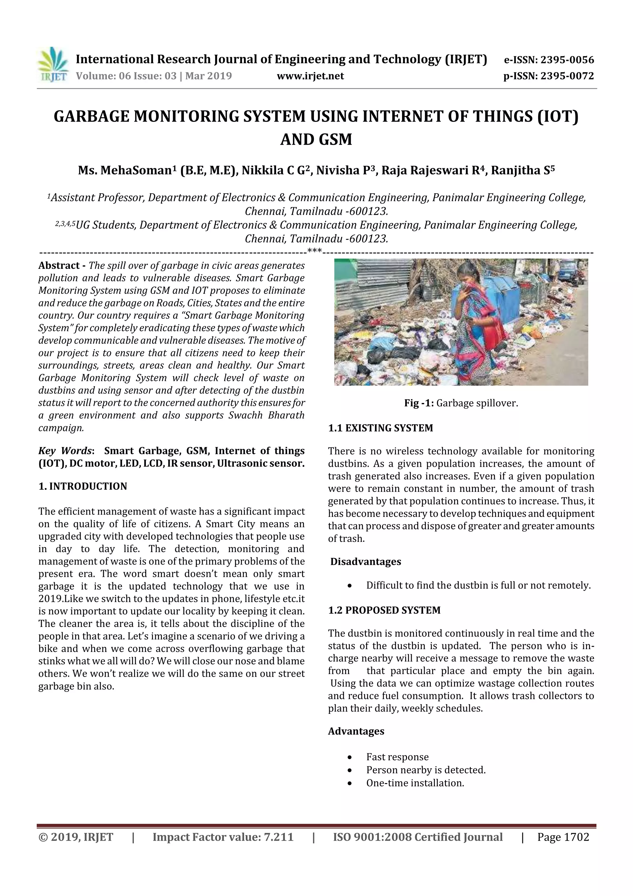 IRJET- Garbage Monitoring System using Internet of Things (IoT) and GSM | PDF