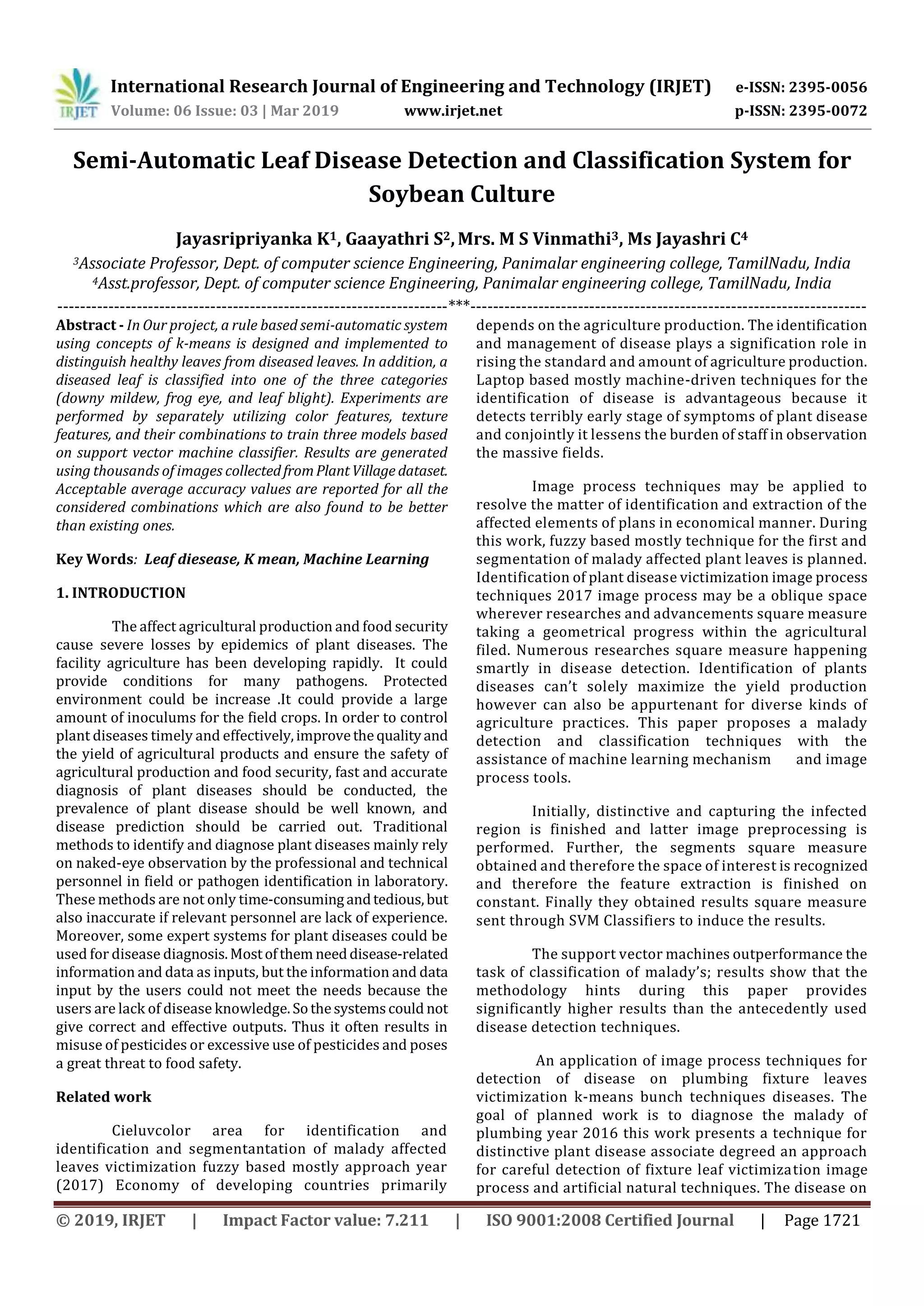 IRJET- Semi-Automatic Leaf Disease Detection and Classification System for Soybean Culture | PDF ...