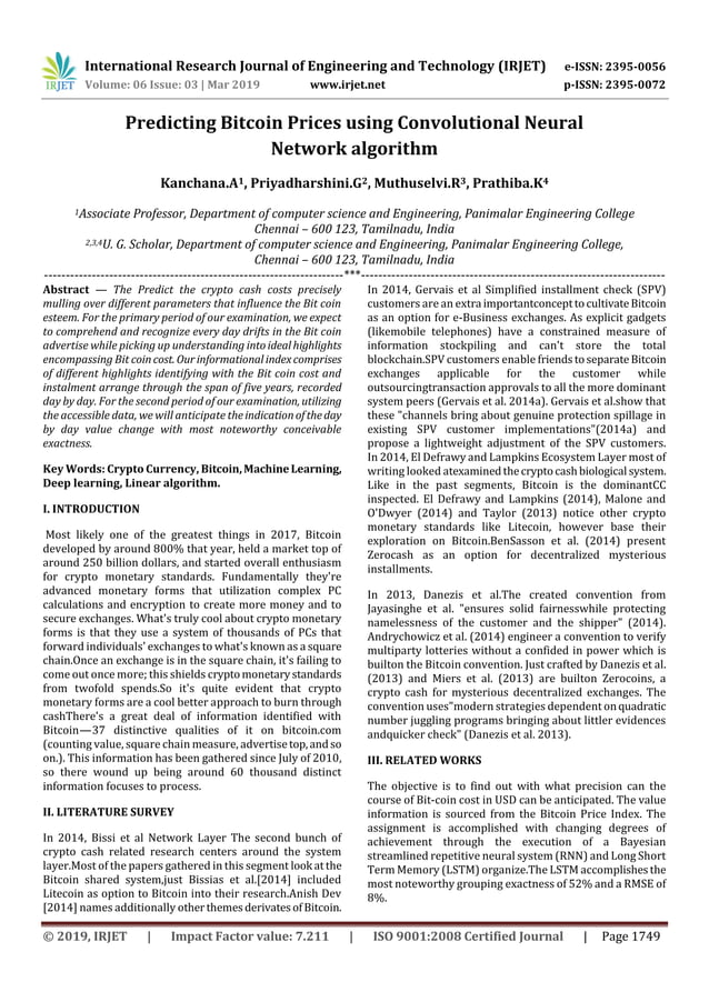 Irjet Predicting Bitcoin Prices Using Convolutional Neural Network Algorithm Pdf 9150