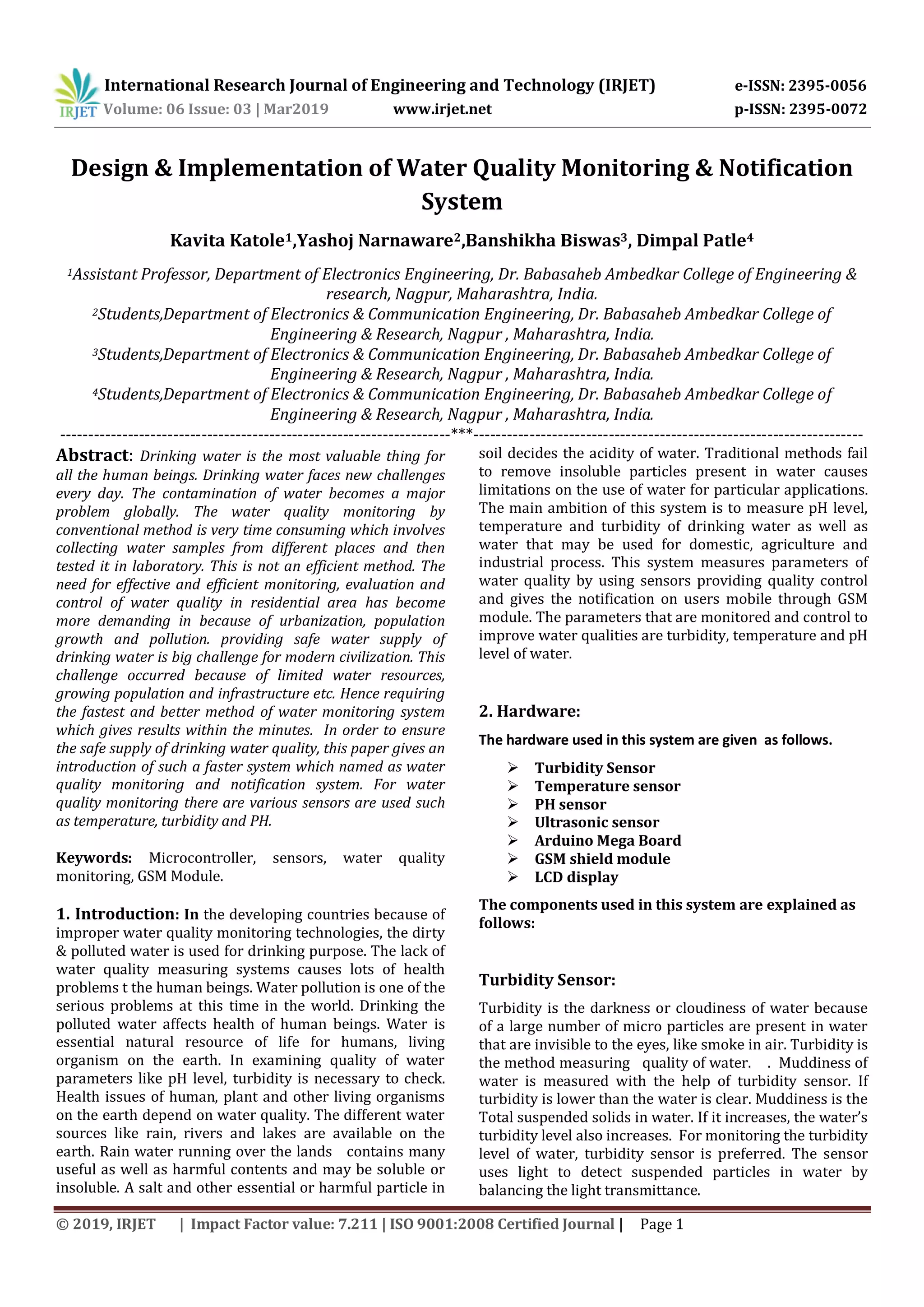 IRJET- Design & Implementation of Water Quality Monitoring & Notification System | PDF