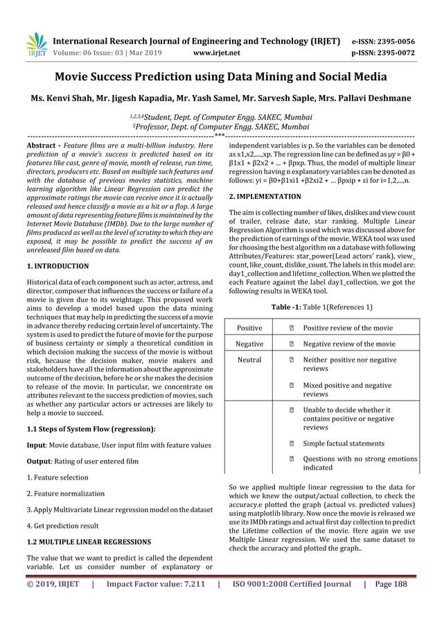IRJET- Movie Success Prediction using Data Mining and Social Media | PDF