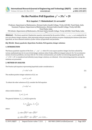 IRJET- On the Positive Pell Equation Y2=35x2+29 | PDF