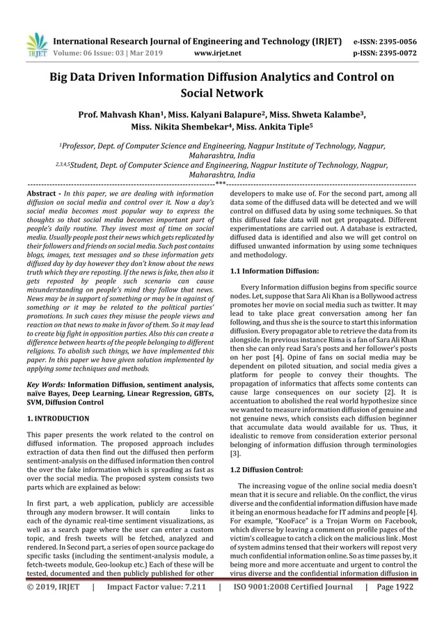 Irjet Big Data Driven Information Diffusion Analytics And Control On