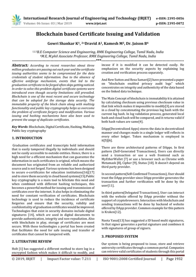 Irjet Blockchain Based Certificate Issuing And Validation Pdf