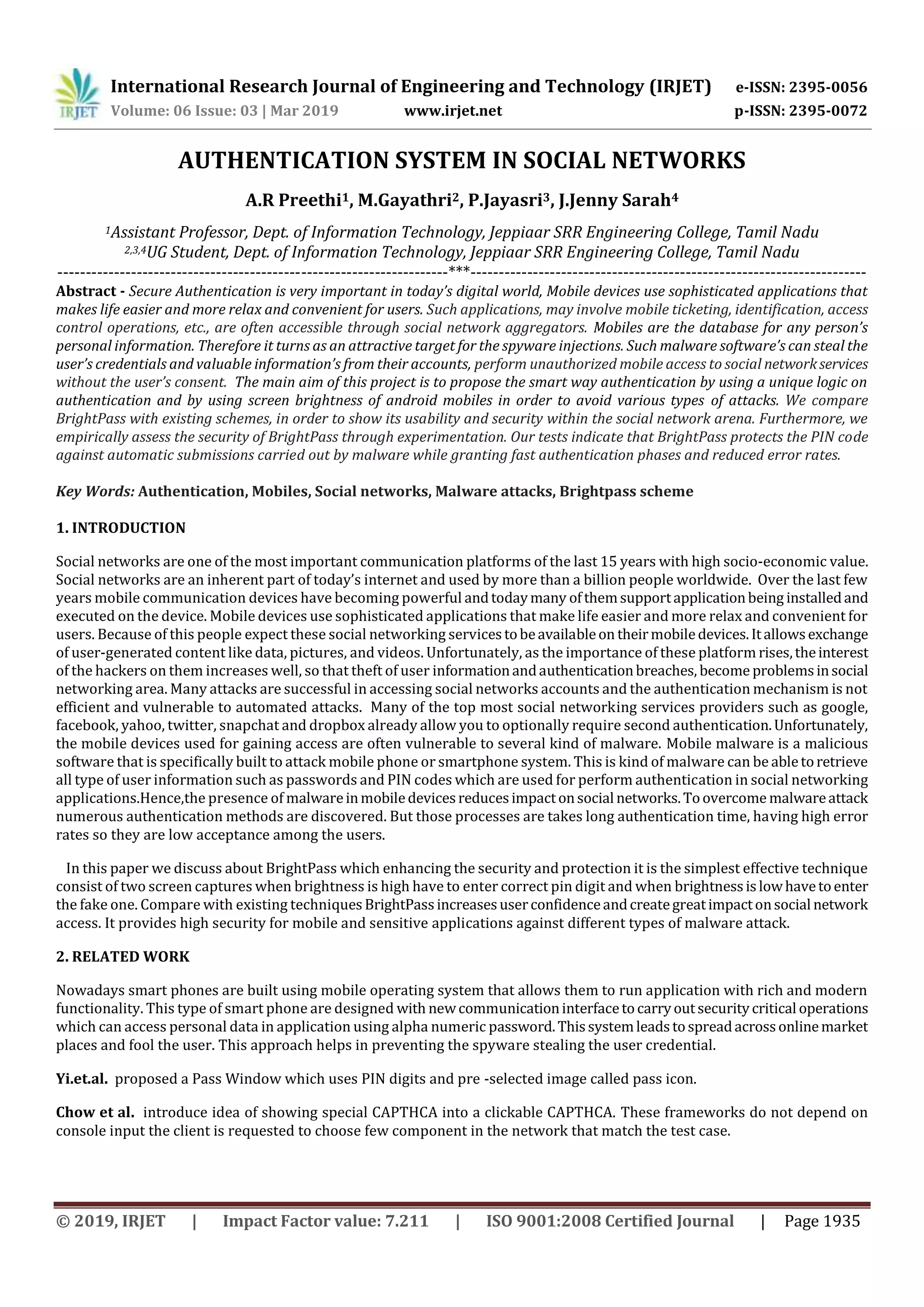 IRJET- Authentication System in Social Networks | PDF