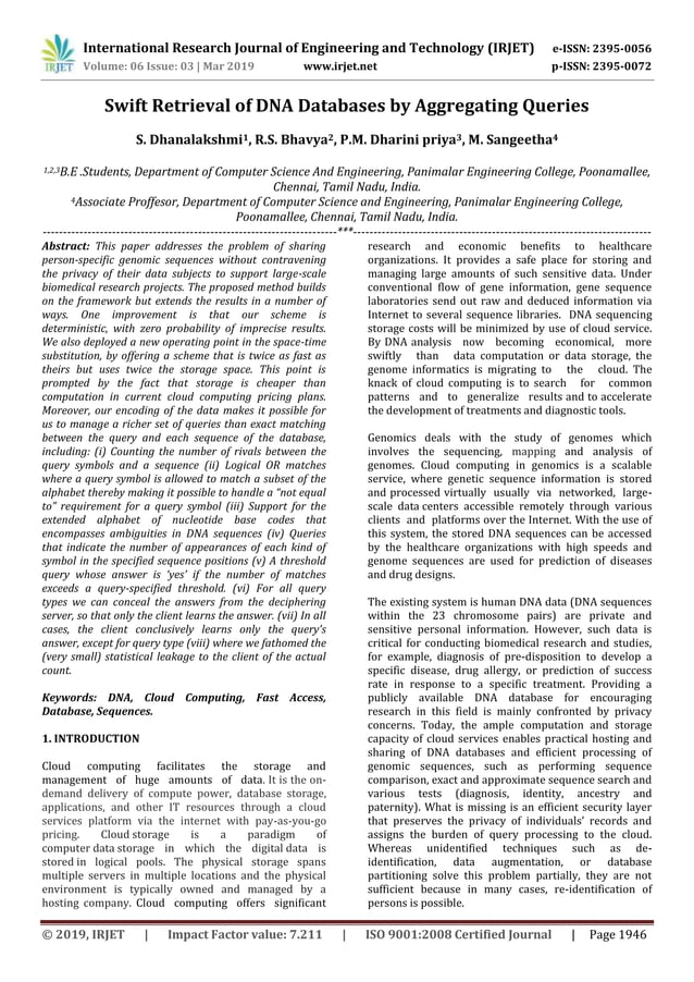 Irjet Swift Retrieval Of Dna Databases By Aggregating Queries Pdf