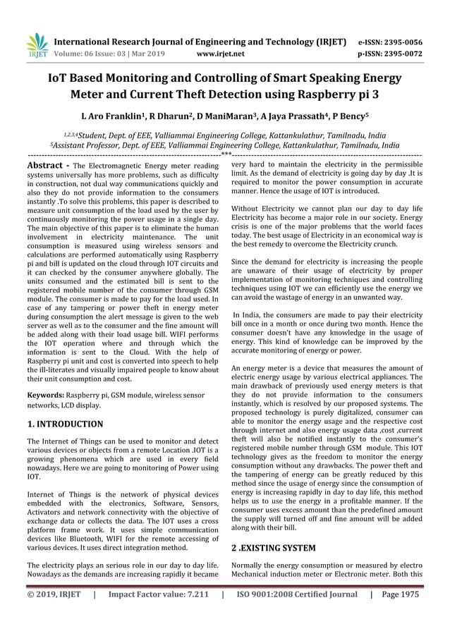 IRJET- IoT based Monitoring and Controlling of Smart Speaking Energy Meter and Current Theft ...
