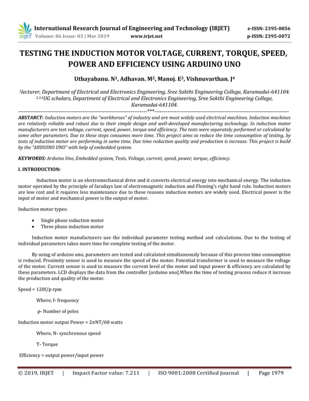 IRJET- Testing the Induction Motor Voltage, Current, Torque, Speed ...