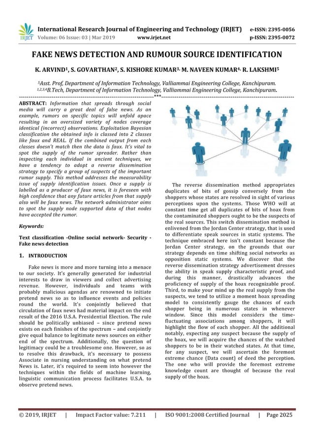 IRJET- Fake News Detection and Rumour Source Identification | PDF