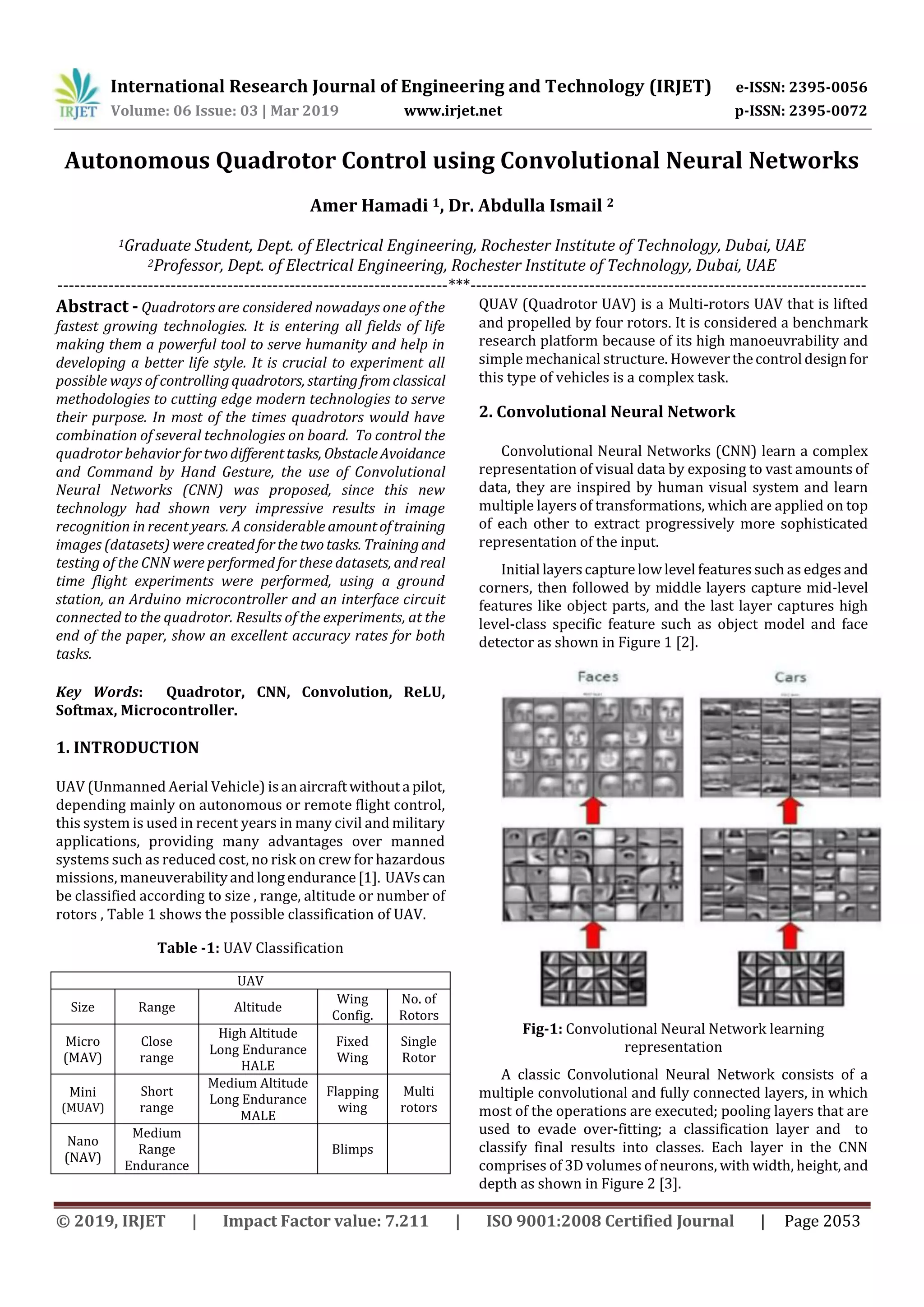 IRJET- Autonomous Quadrotor Control using Convolutional Neural Networks | PDF