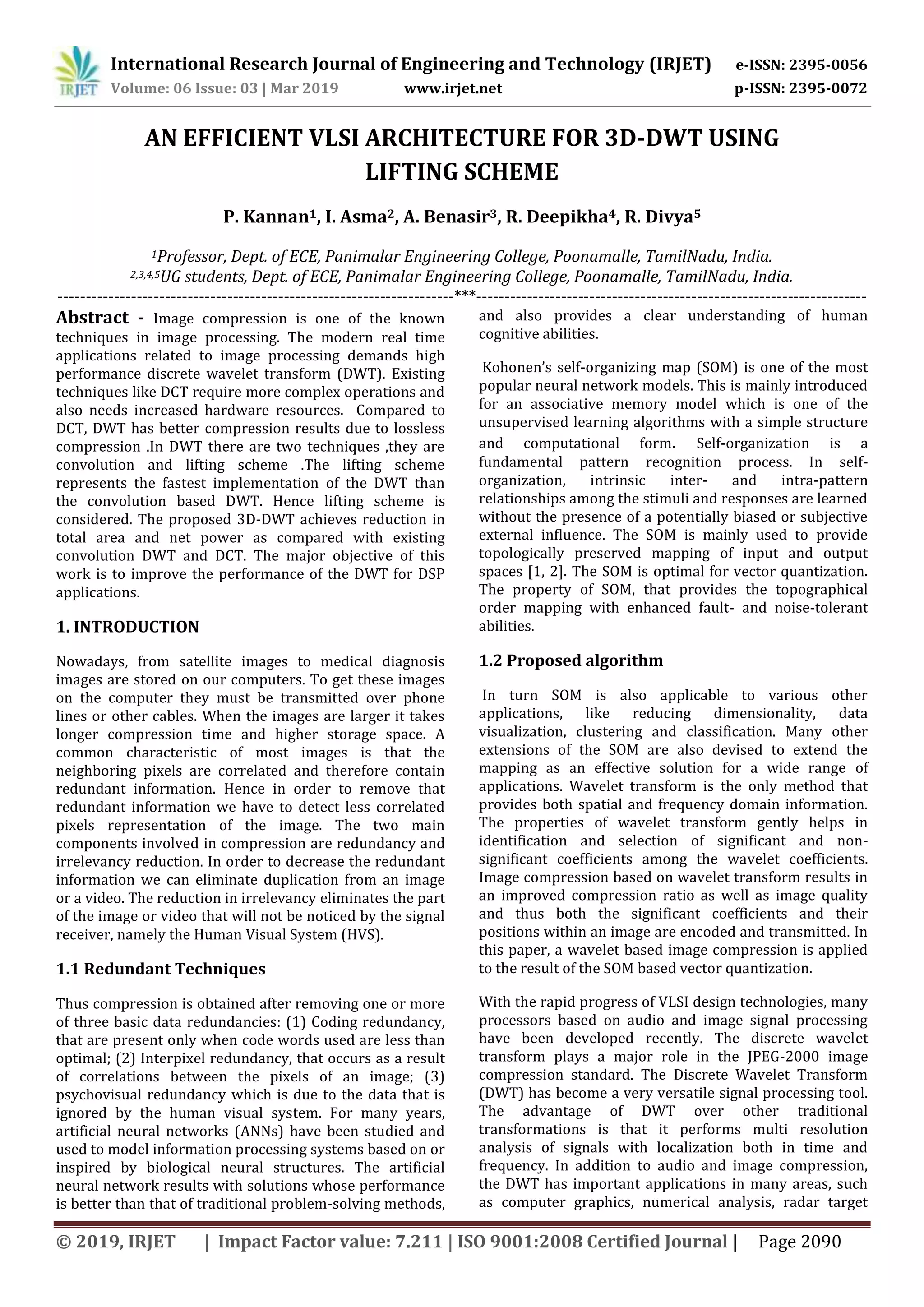 IRJET- An Efficient VLSI Architecture for 3D-DWT using Lifting Scheme | PDF