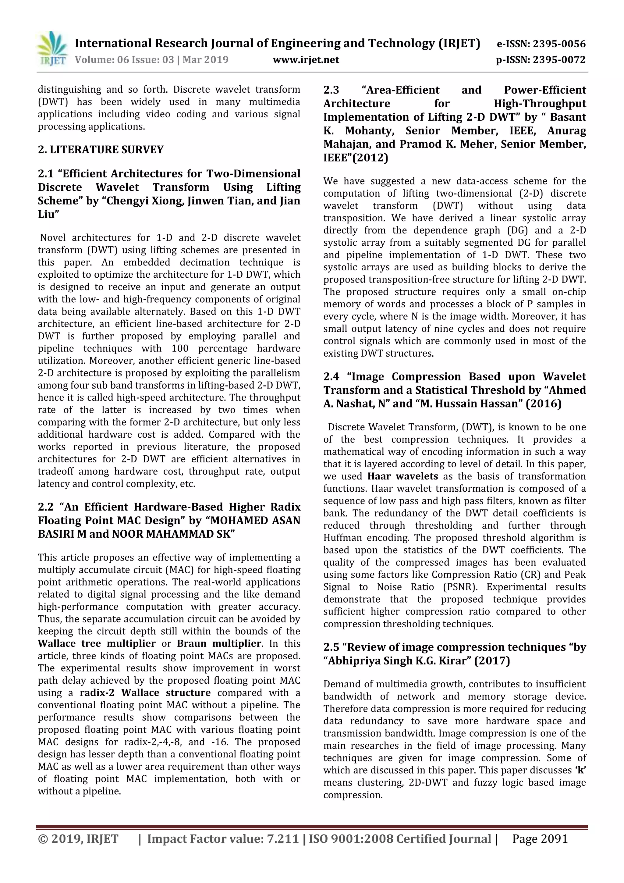 Irjet An Efficient Vlsi Architecture For 3d Dwt Using Lifting Scheme Pdf