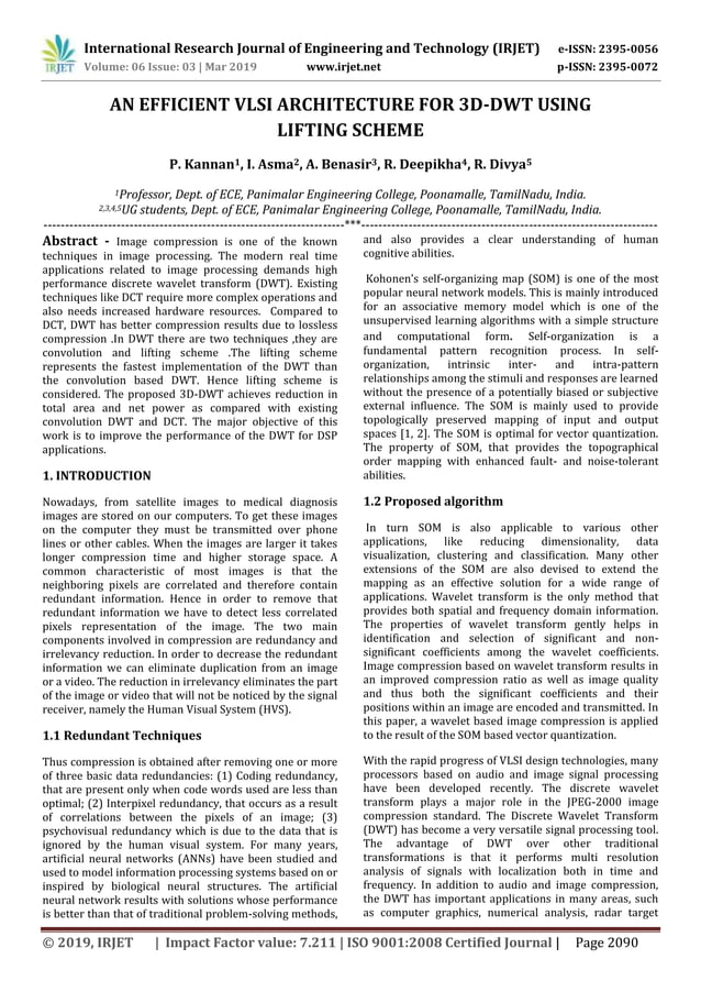 Irjet An Efficient Vlsi Architecture For 3d Dwt Using Lifting Scheme Pdf