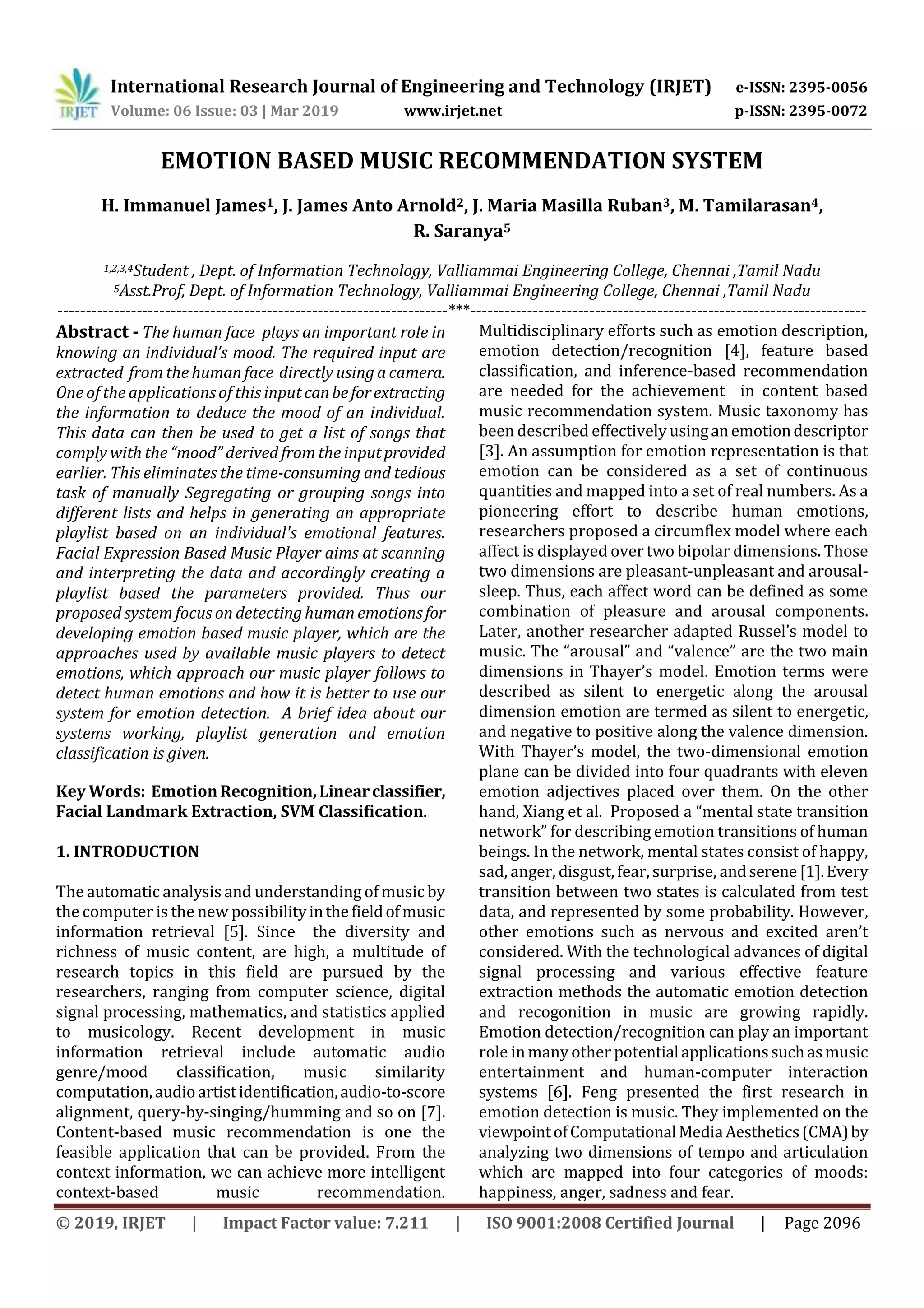 Irjet Emotion Based Music Recommendation System Pdf