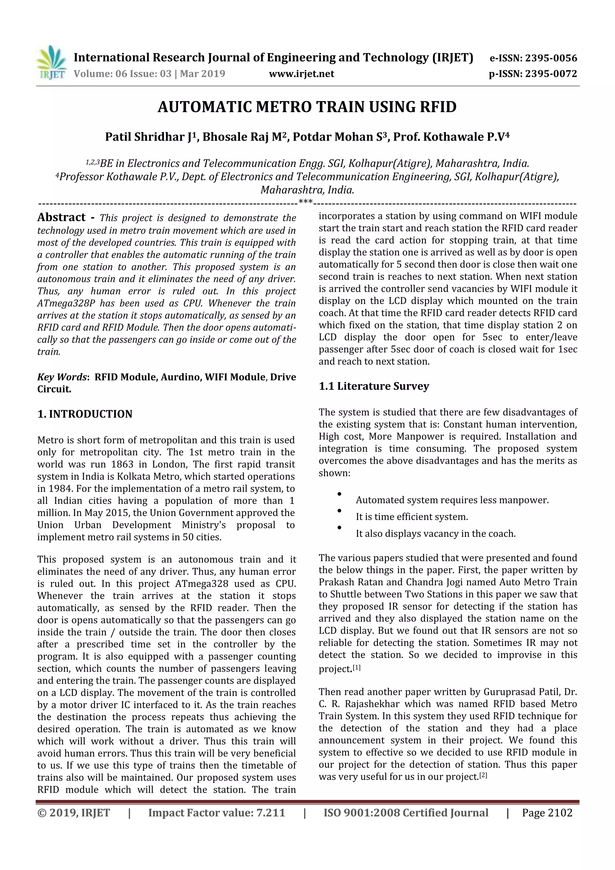 IRJET- Automatic Metro Train using RFID | PDF