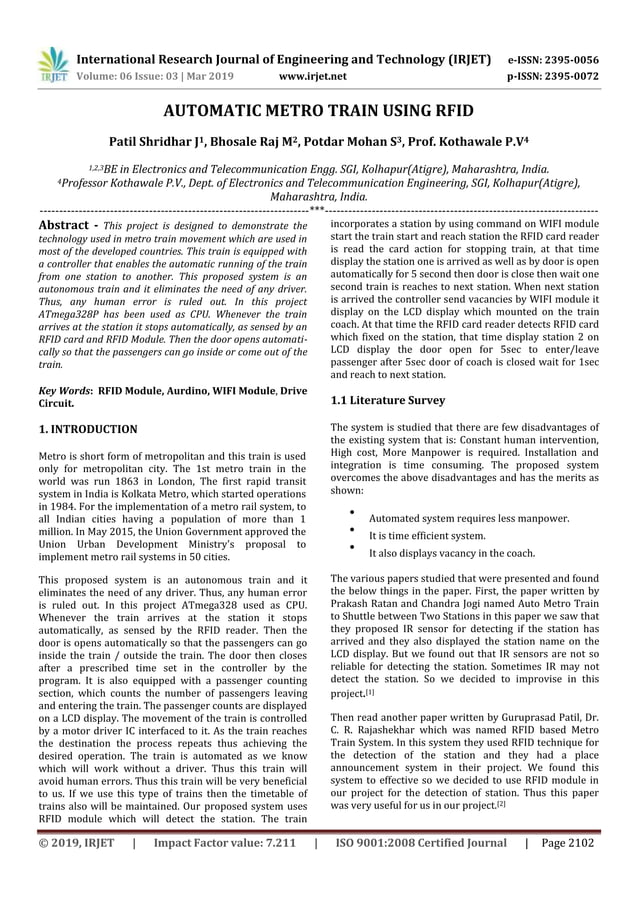 IRJET- Automatic Metro Train using RFID | PDF | Rail Travel | Travel Type