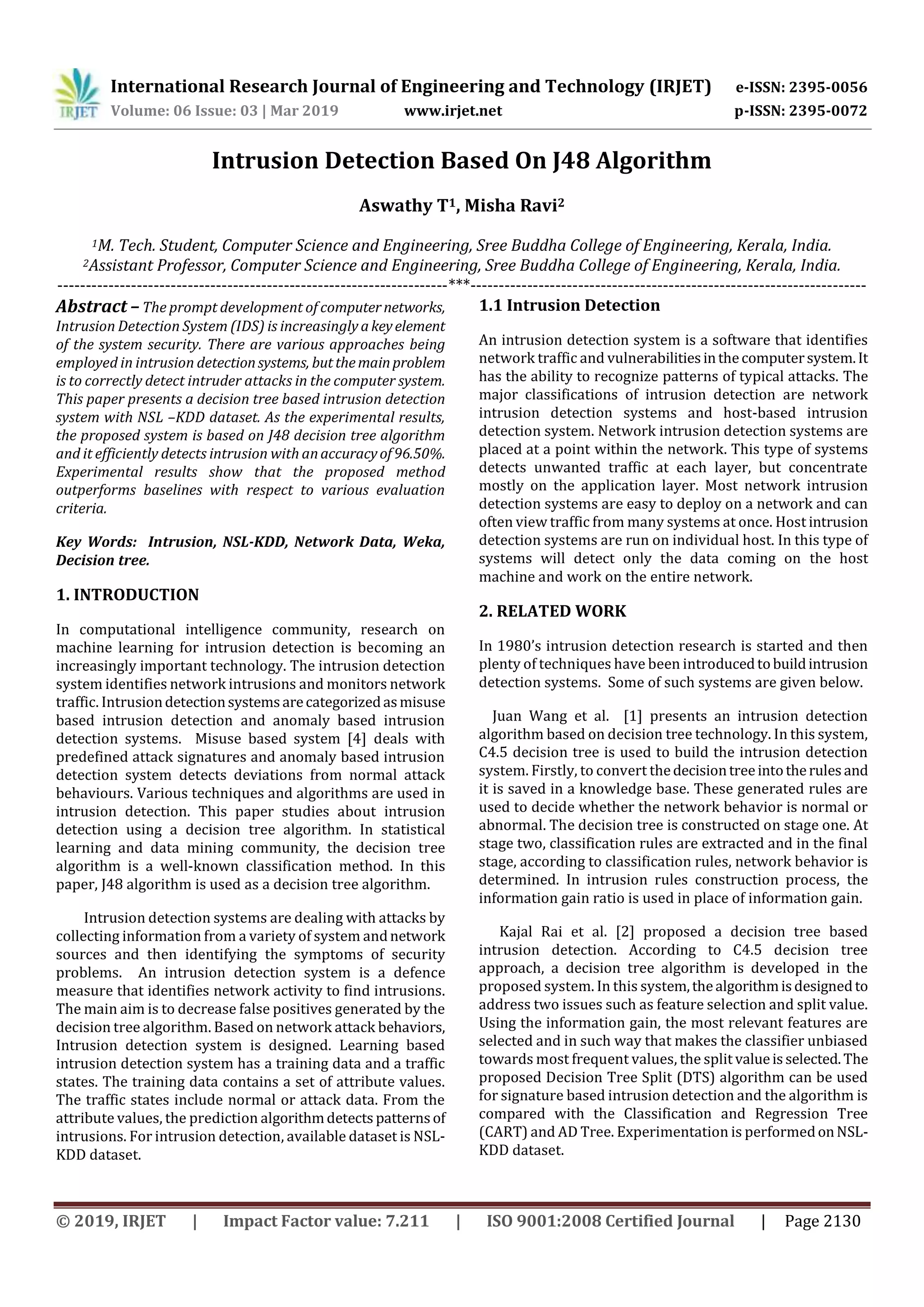 IRJET- Intrusion Detection based on J48 Algorithm | PDF