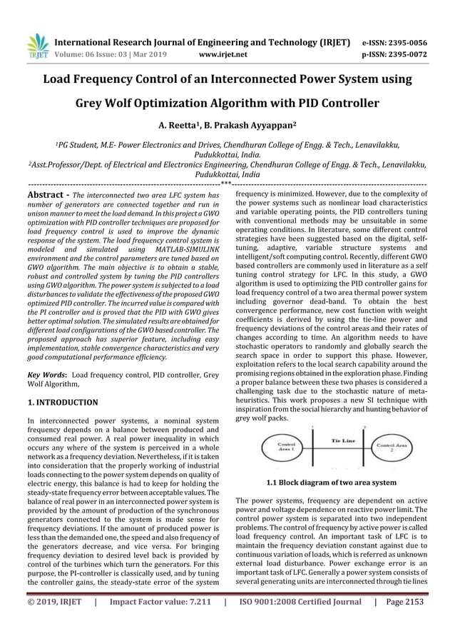 Irjet Load Frequency Control Of An Interconnected Power System Using Grey Wolf Optimization