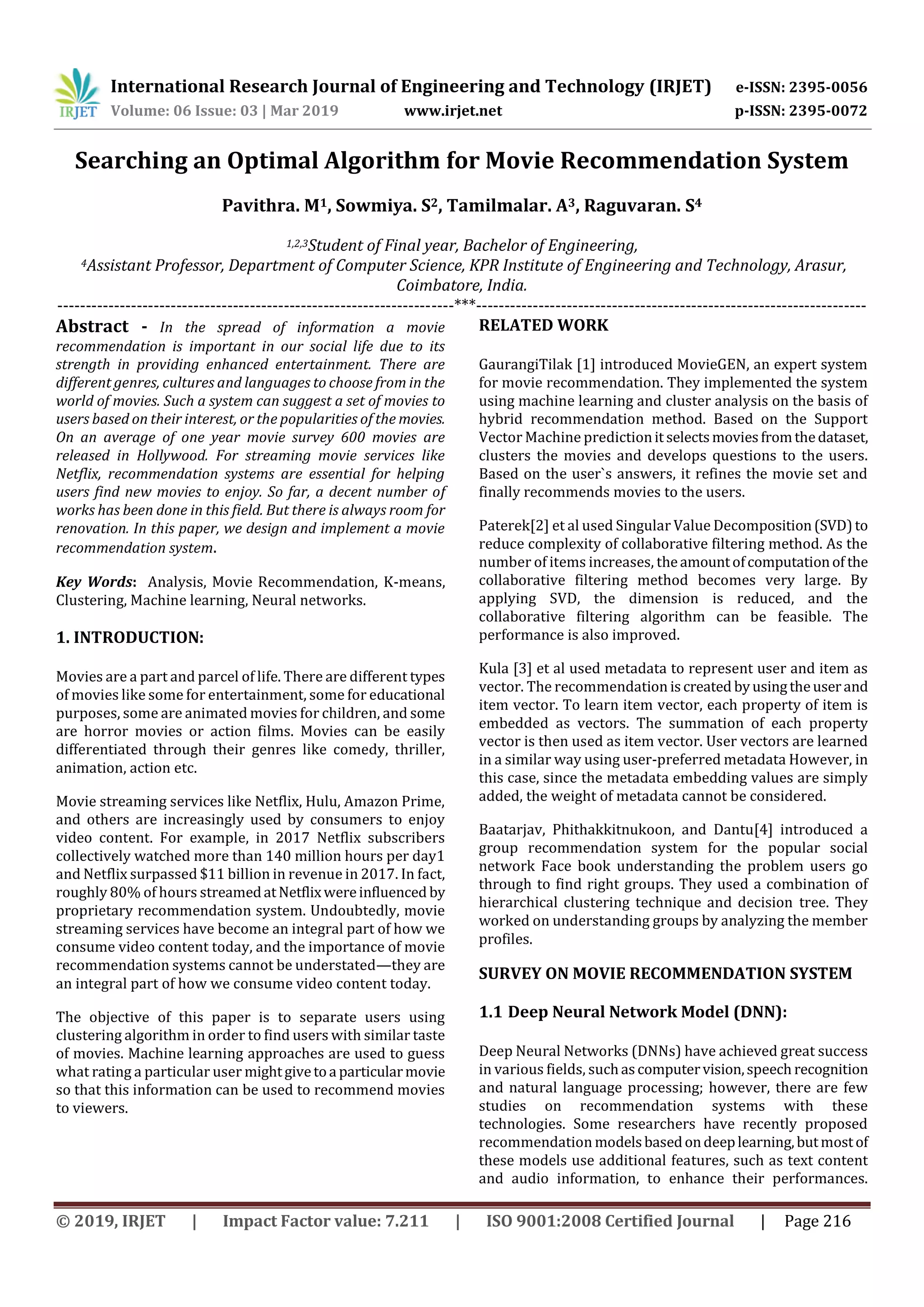 IRJET- Searching an Optimal Algorithm for Movie Recommendation System | PDF