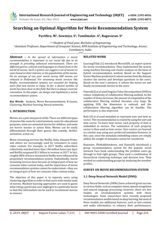 IRJET- Searching an Optimal Algorithm for Movie Recommendation System | PDF