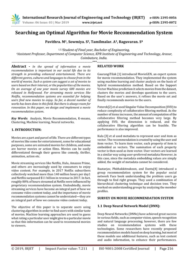 IRJET- Searching an Optimal Algorithm for Movie Recommendation System | PDF