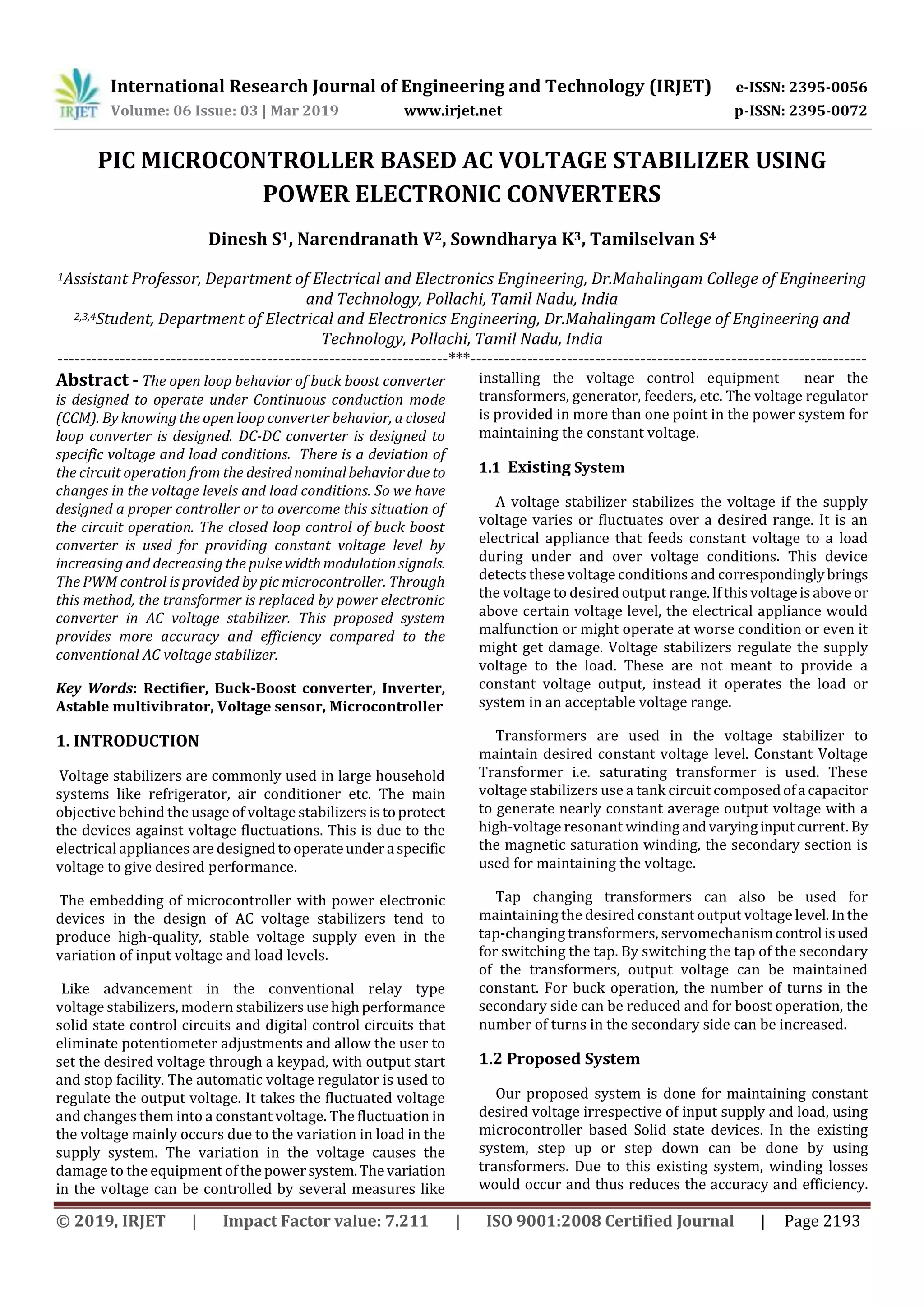 IRJET- PIC Microcontroller based AC Voltage Stabilizer using Power Electronic Converters | PDF