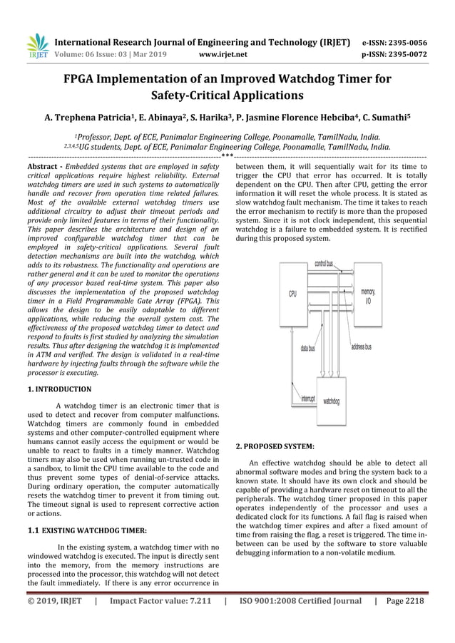 IRJET- FPGA Implementation of an Improved Watchdog Timer for Safety-Critical Applications | PDF