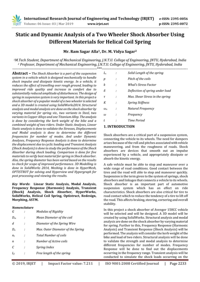 IRJET- Static and Dynamic Analysis of a Two Wheeler Shock Absorber using Different Materials for ...