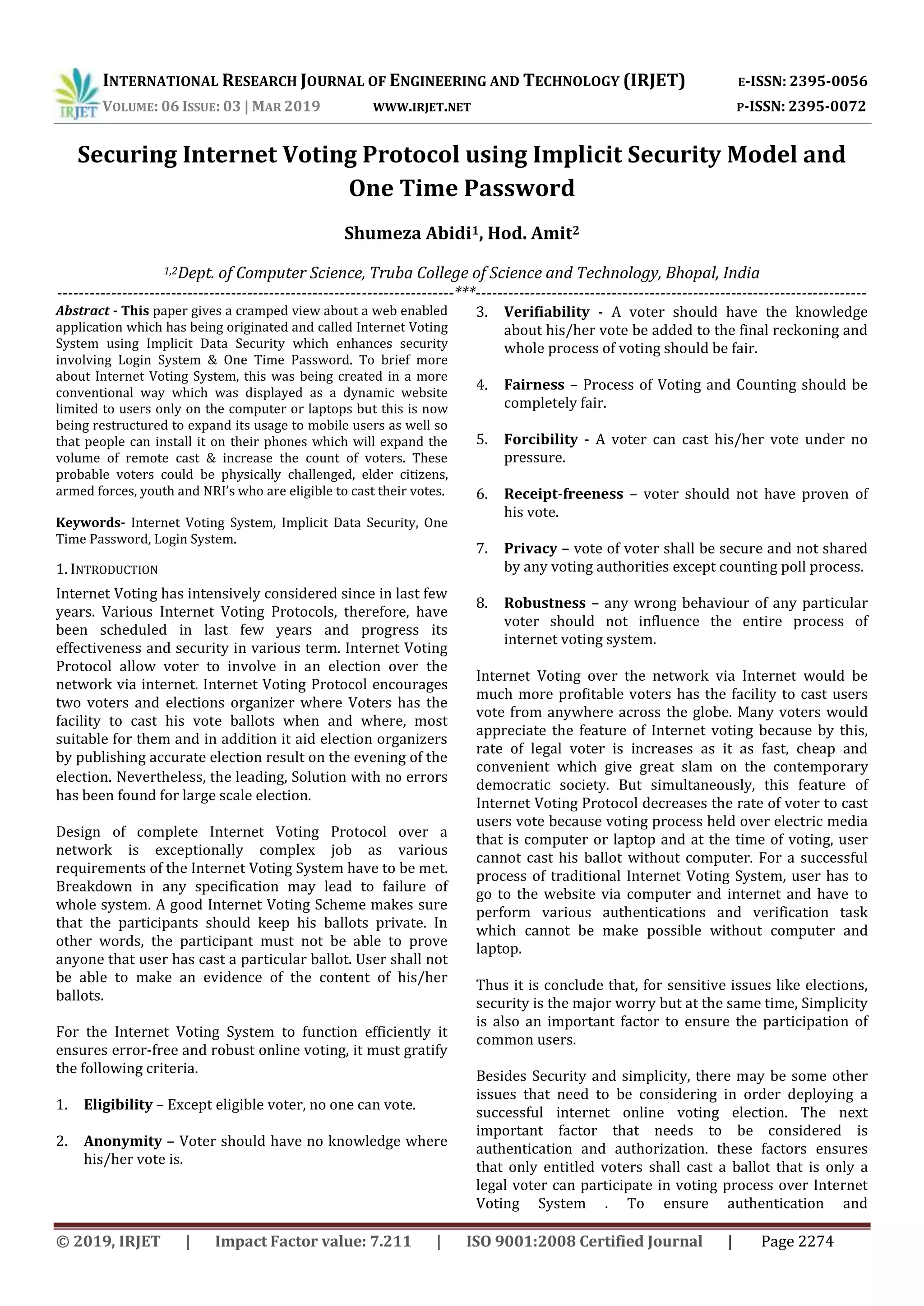 Irjet Securing Internet Voting Protocol Using Implicit Security Model And One Time Password Pdf 