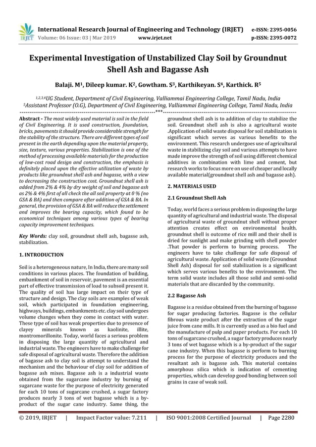 IRJET- Experimental Investigation of Unstabilized Clay Soil by Groundnut Shell Ash and Bagasse ...