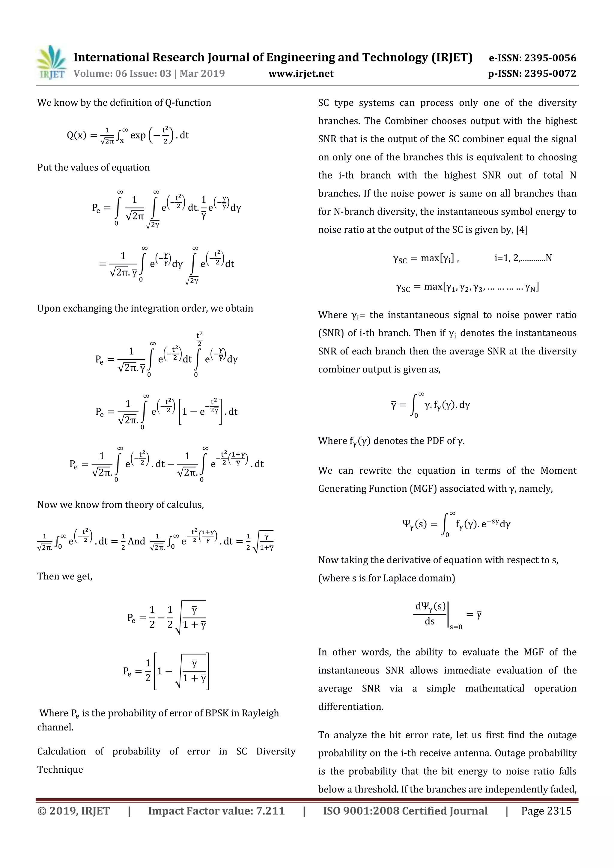IRJET- Simulation and Performance Estimation of BPSK in Rayleigh Channel using SC, MRC and EGC ...
