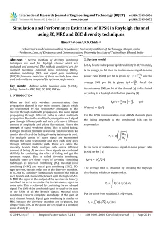 IRJET- Simulation and Performance Estimation of BPSK in Rayleigh Channel using SC, MRC and EGC ...