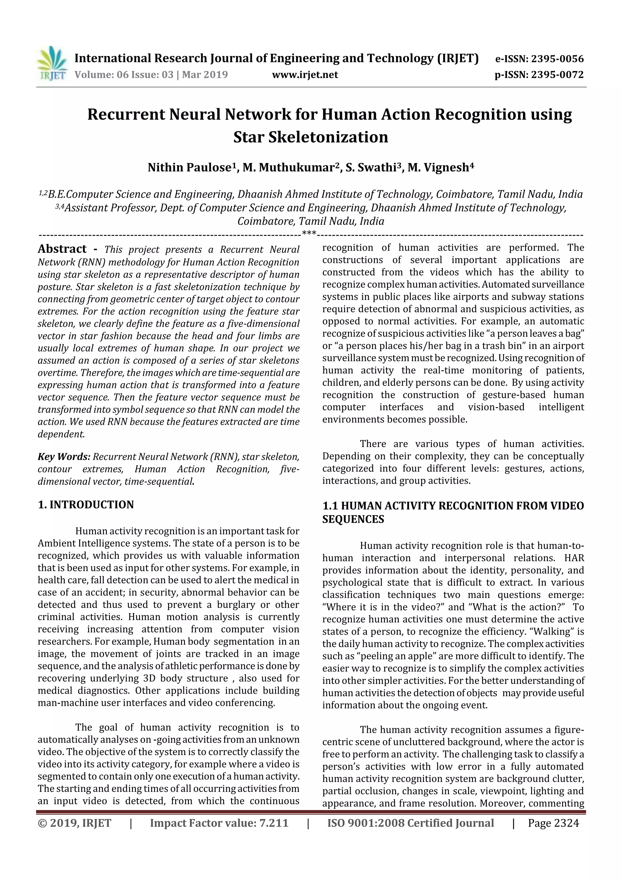 IRJET- Recurrent Neural Network for Human Action Recognition using Star Skeletonization | PDF