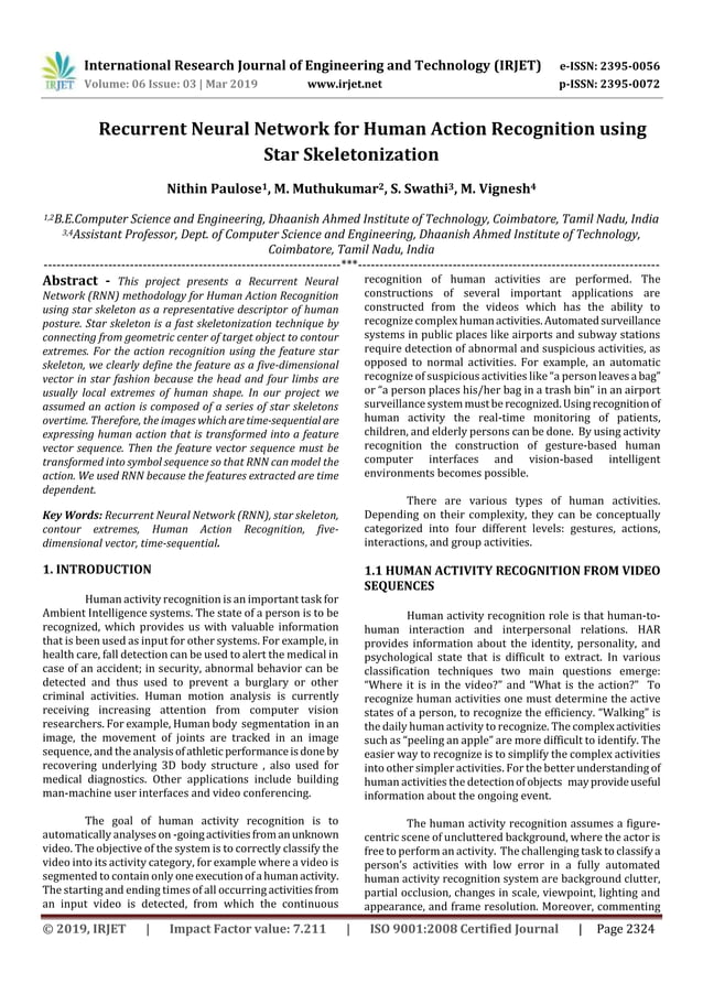 IRJET- Recurrent Neural Network for Human Action Recognition using Star Skeletonization | PDF