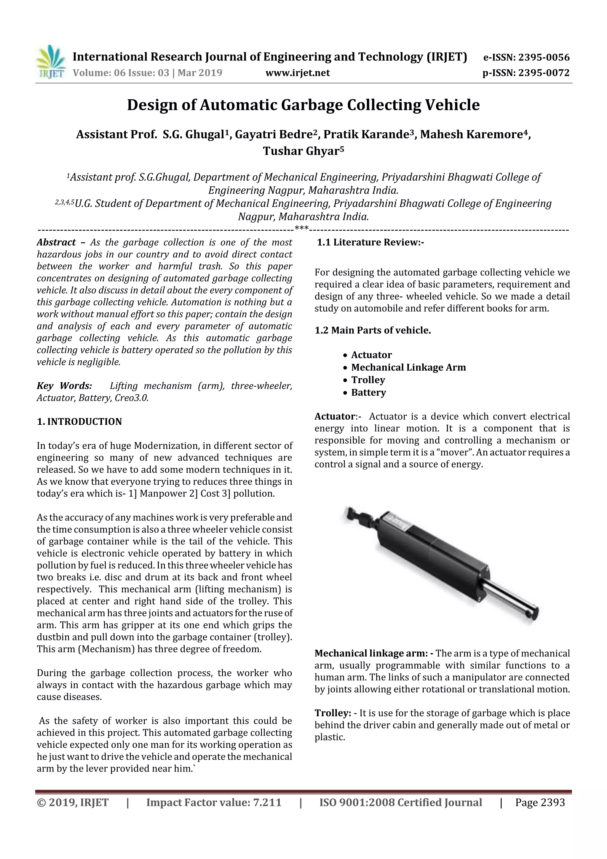 IRJET- Design of Automatic Garbage Collecting Vehicle | PDF