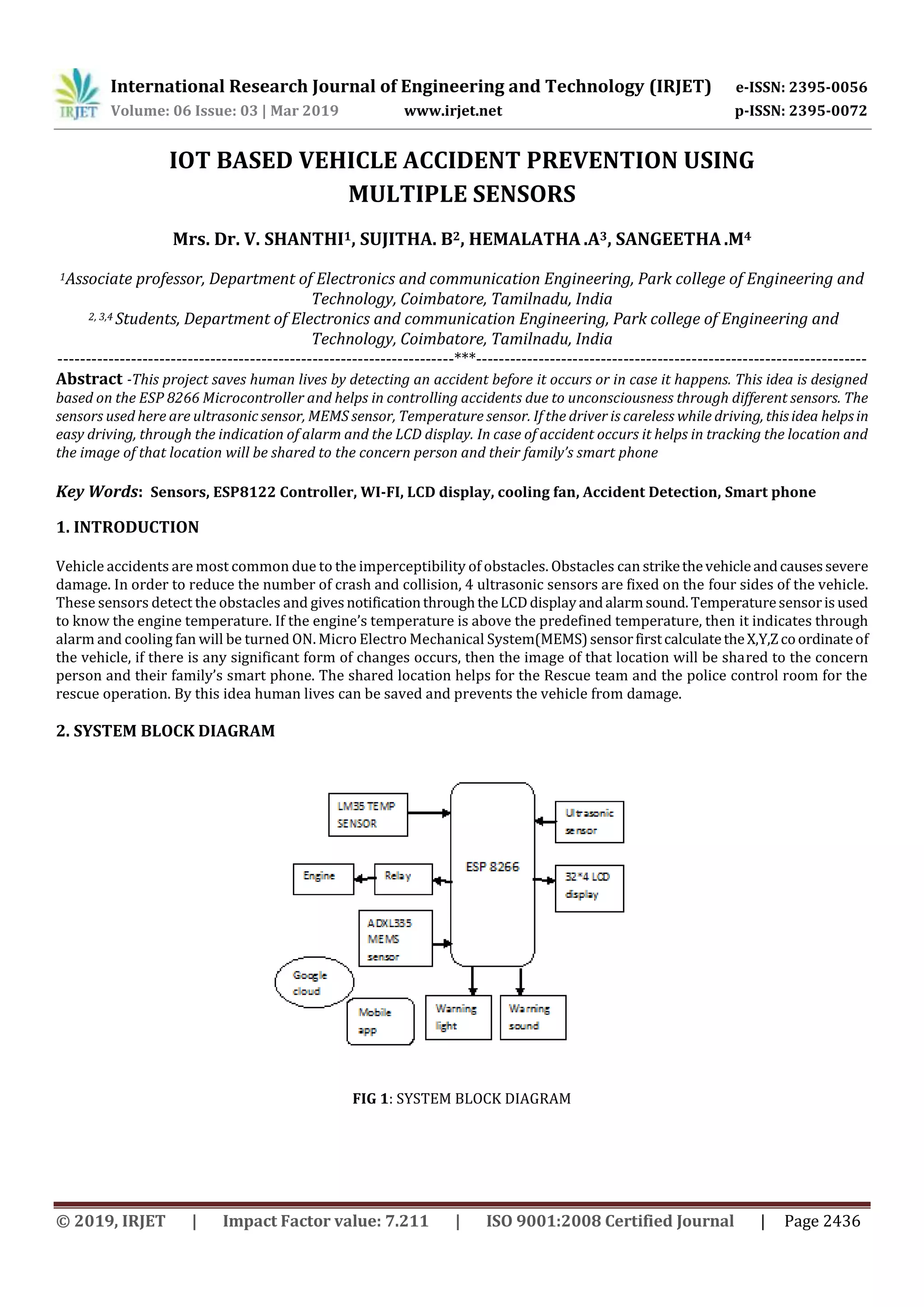 IRJET- IoT based Vehicle Accident Prevention using Multiple Sensors | PDF