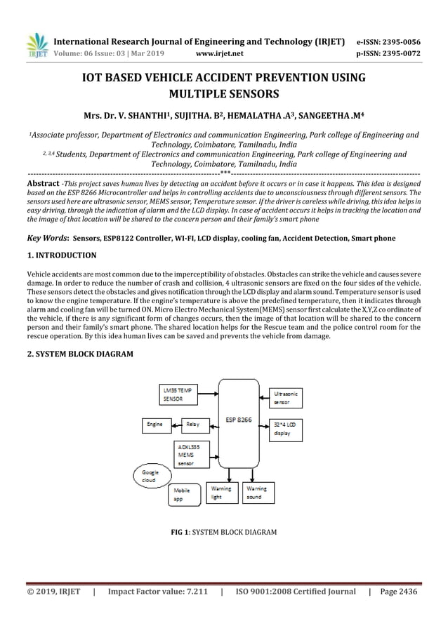 IRJET- IoT based Vehicle Accident Prevention using Multiple Sensors | PDF