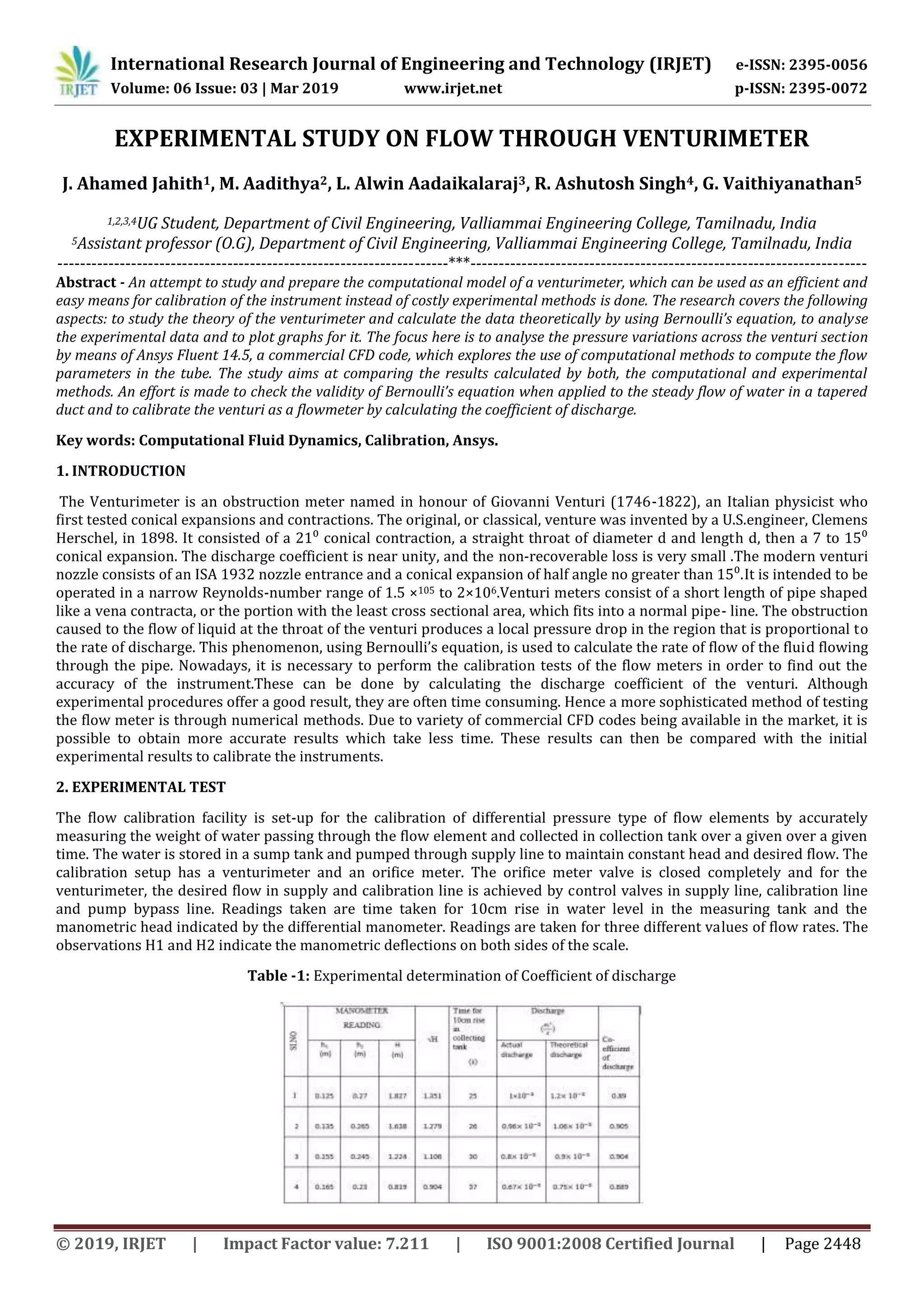 IRJET- Experimental Study on Flow through Venturimeter | PDF