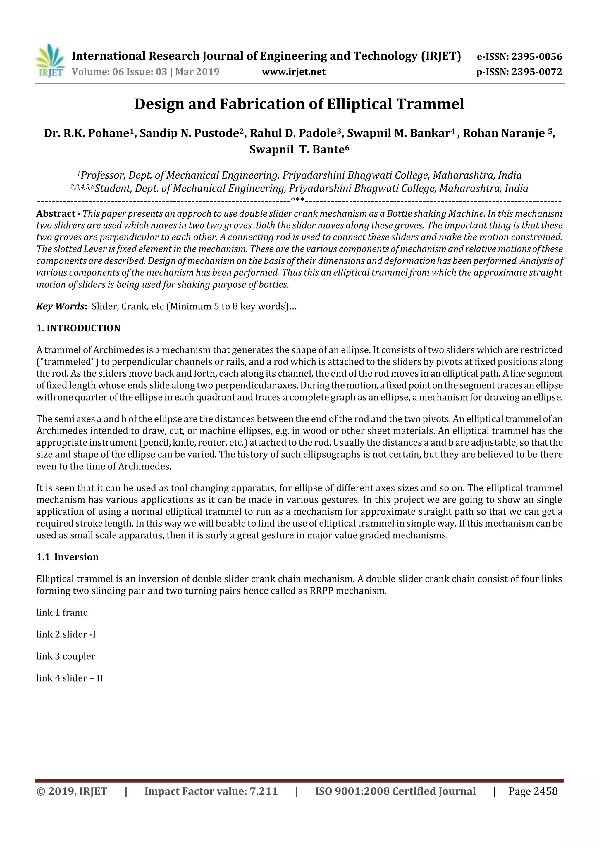 IRJET- Design and Fabrication of Elliptical Trammel | PDF