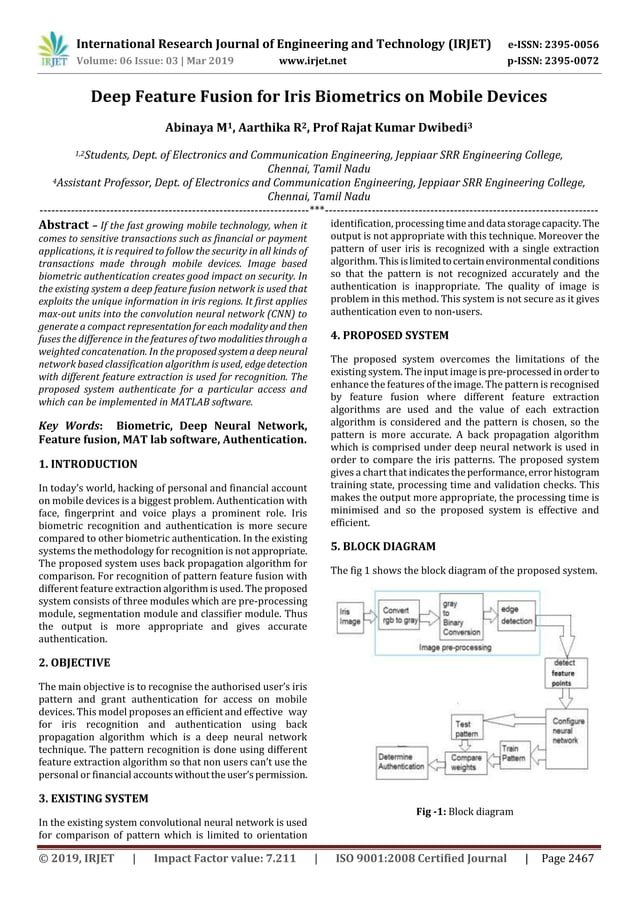 IRJET- Deep Feature Fusion for Iris Biometrics on Mobile Devices | PDF
