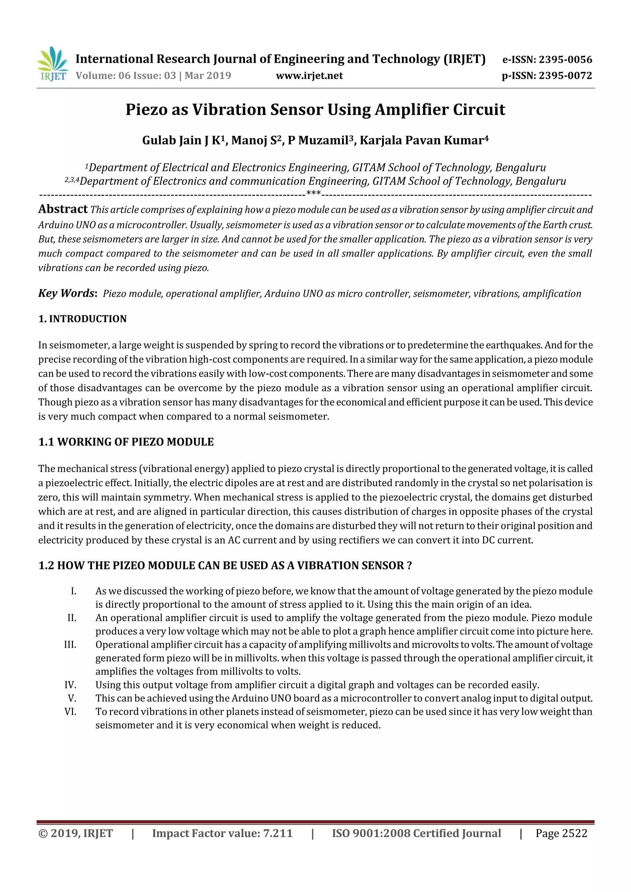 IRJET- Piezo as Vibration Sensor using Amplifier Circuit | PDF