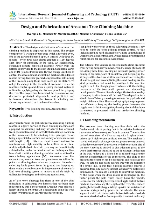 IRJET- Design and Fabrication of Arecanut Tree Climbing Machine | PDF
