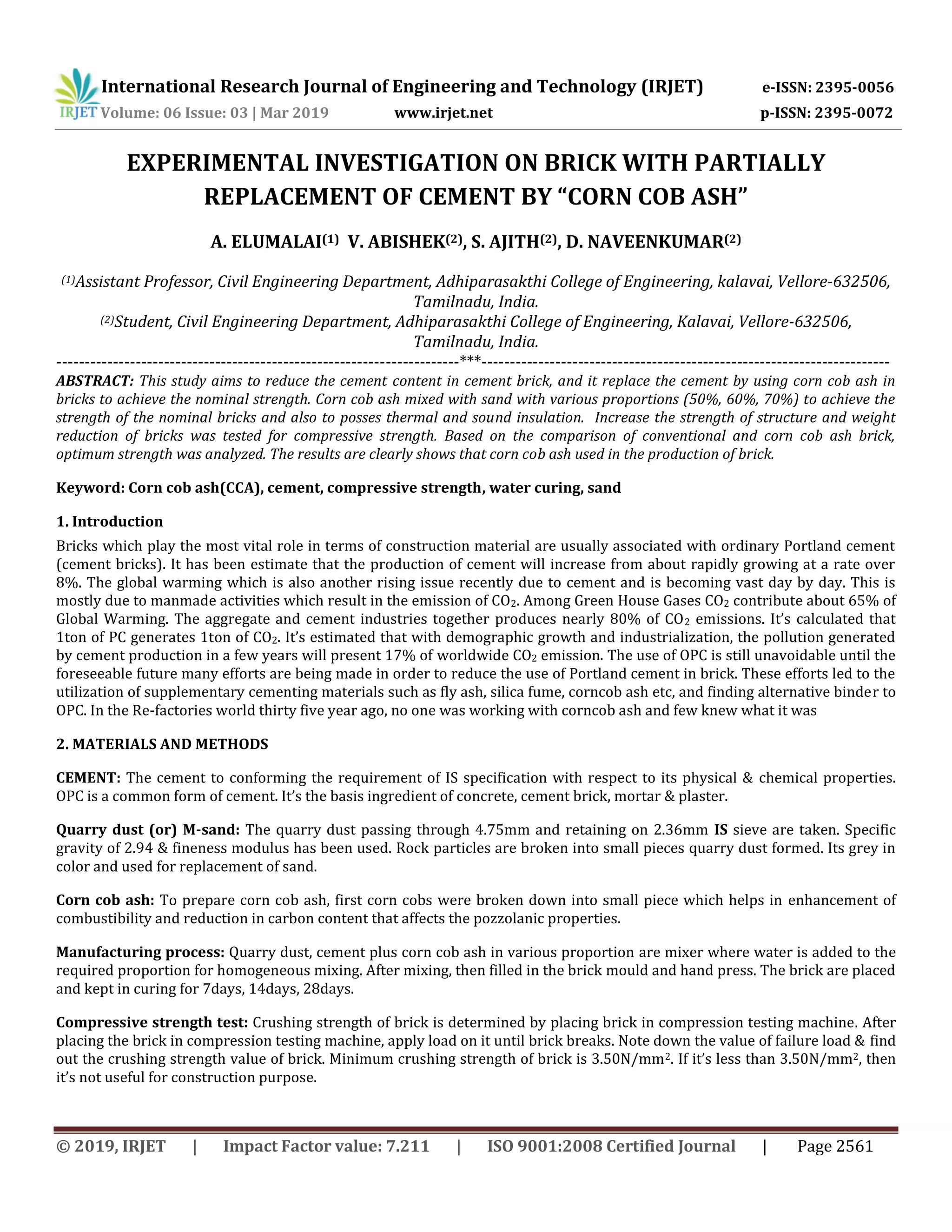 IRJET- Experimental Investigation on Brick with Partially Replacement ...