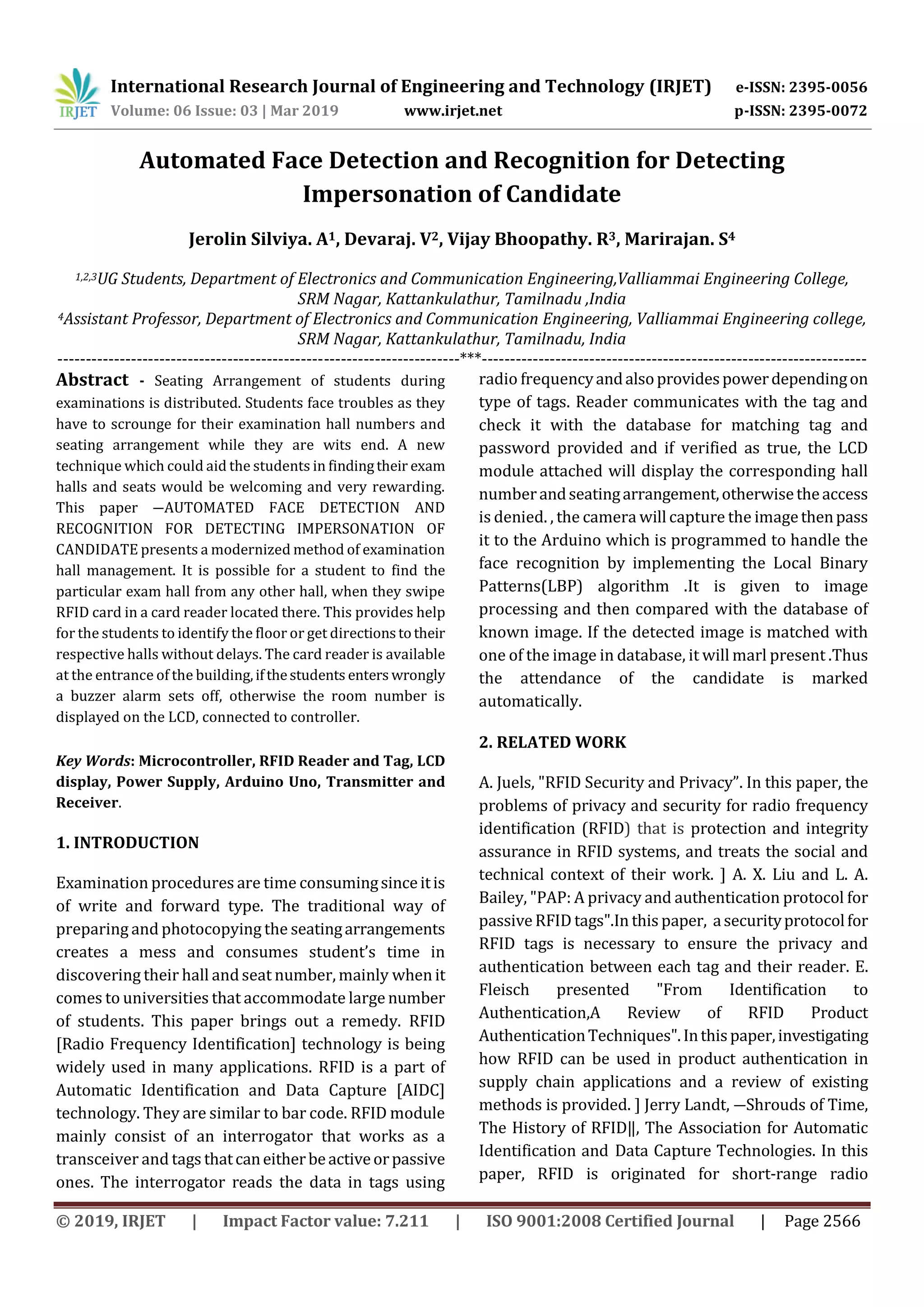 Irjet Automated Face Detection And Recognition For Detecting Impersonation Of Candidate Pdf
