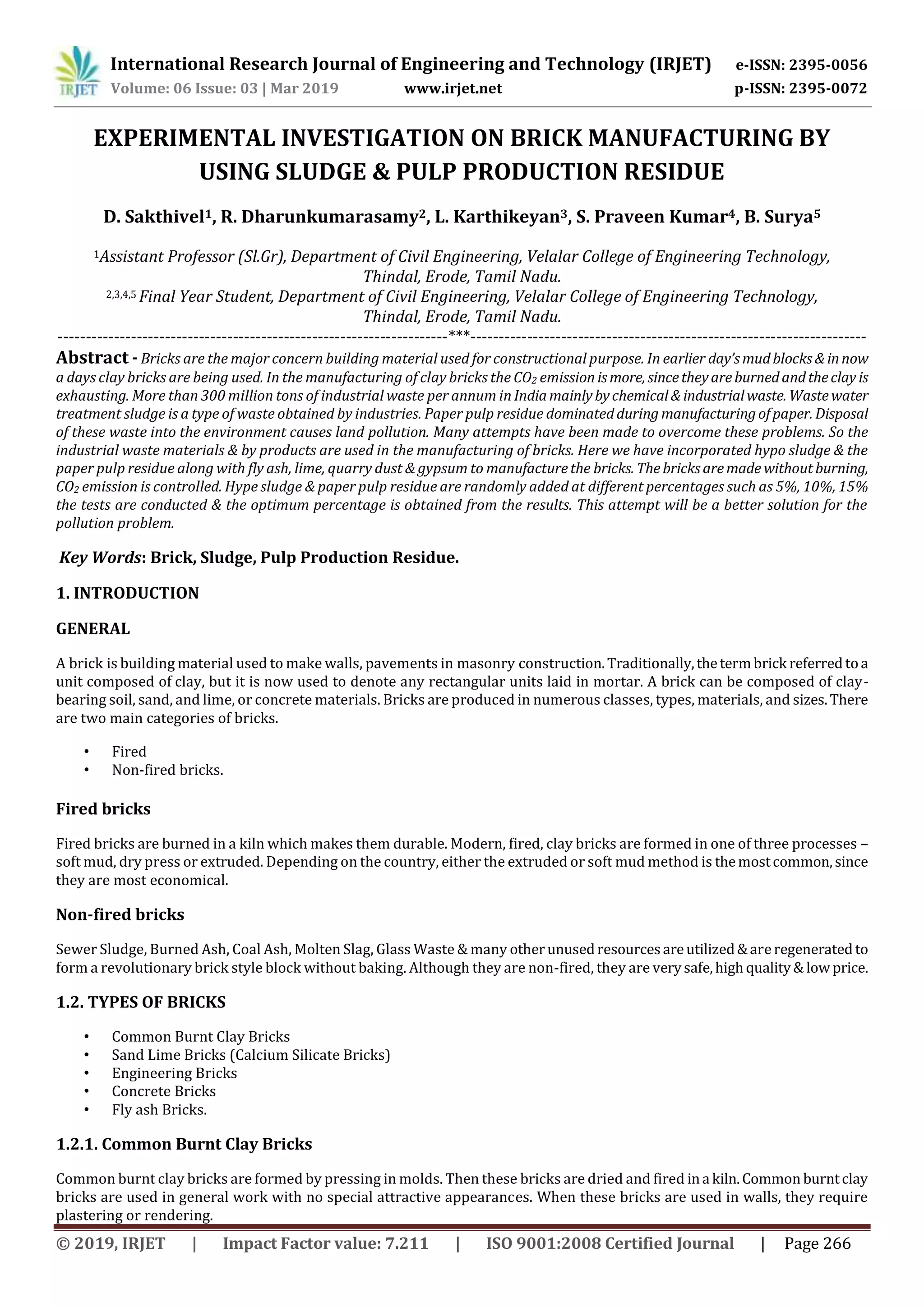 IRJET- Experimental Investigation on Brick Manufacturing by using Sludge & Pulp Production ...