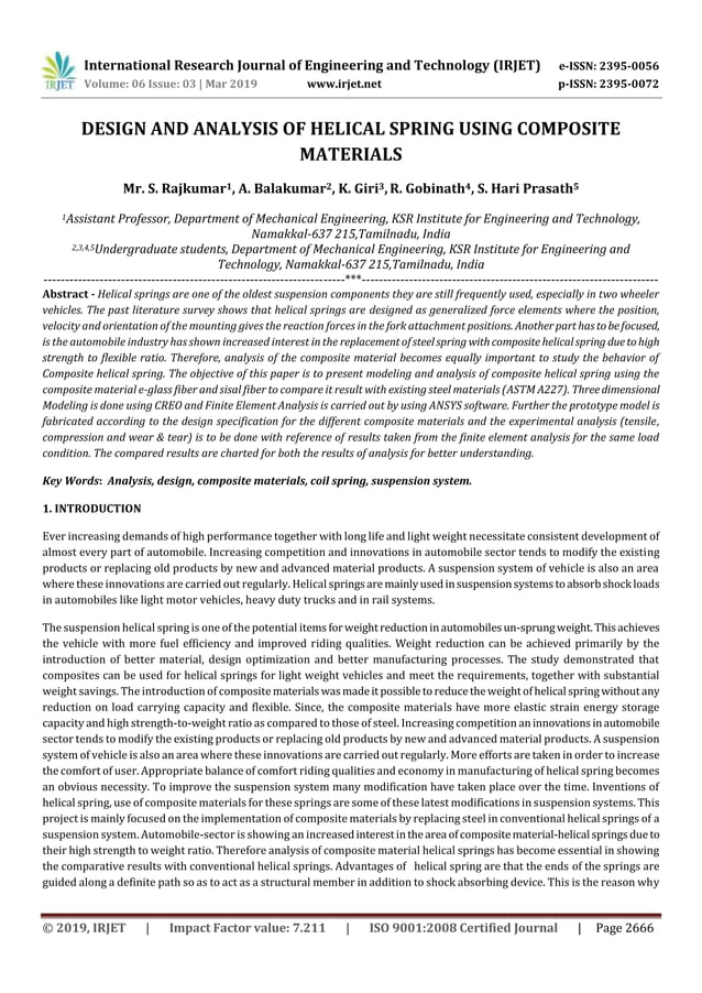 IRJET- Design and Analysis of Helical Spring using Composite Materials | PDF | Physics | Science
