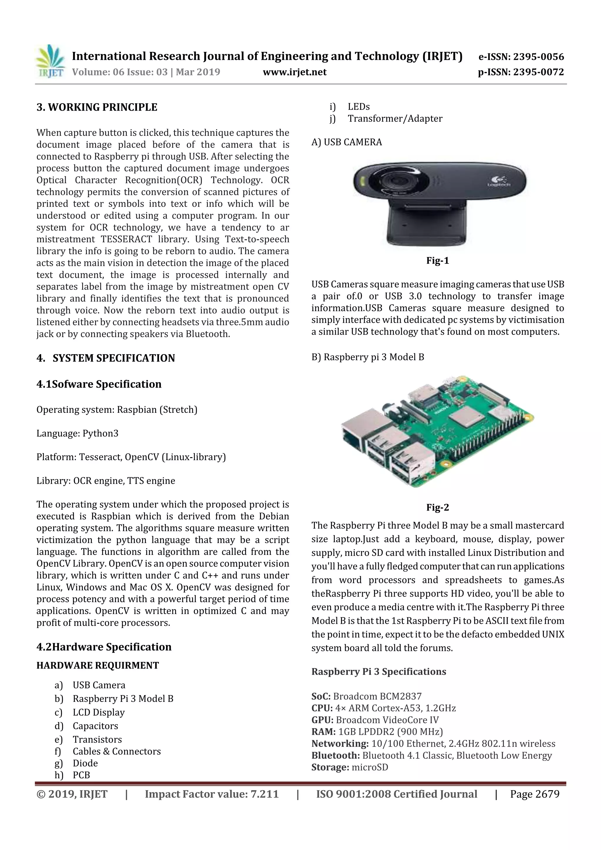 IRJET- Optical Character Recognition for Blind using Raspberry Pi | PDF