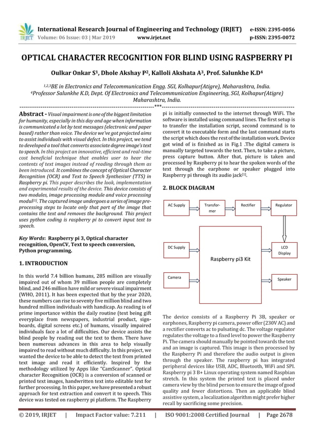 IRJET- Optical Character Recognition for Blind using Raspberry Pi | PDF