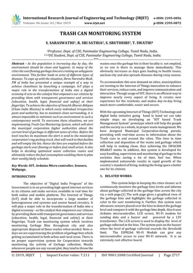 IRJET- Trash can Monitoring System | PDF